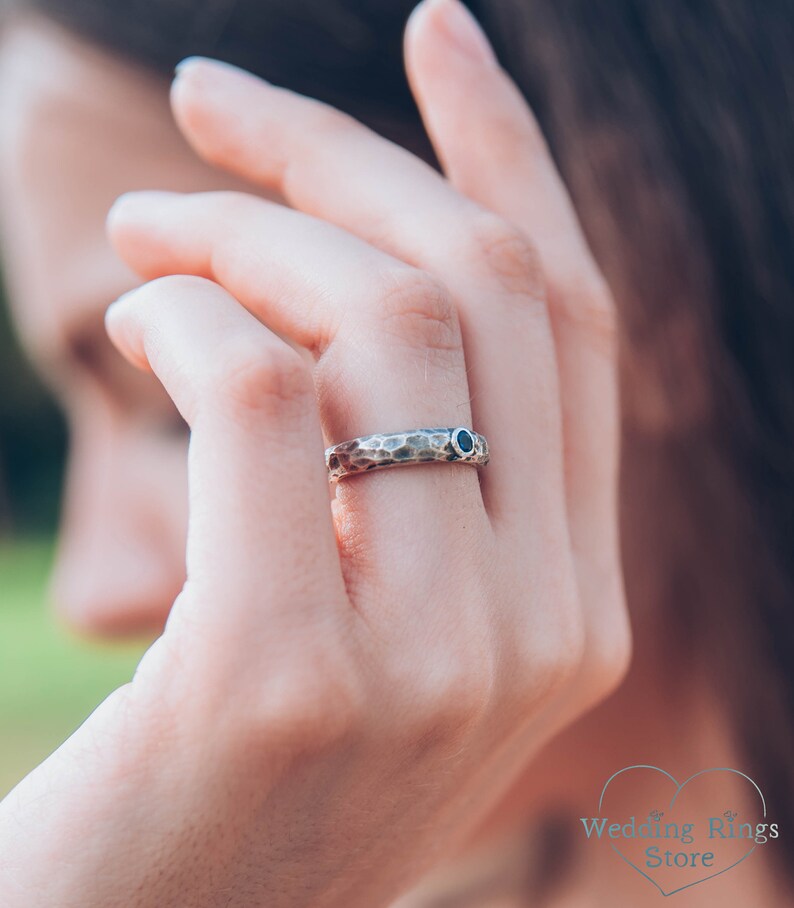Durable Hammered Engagement Ring With Sapphire in Oxidized | Etsy