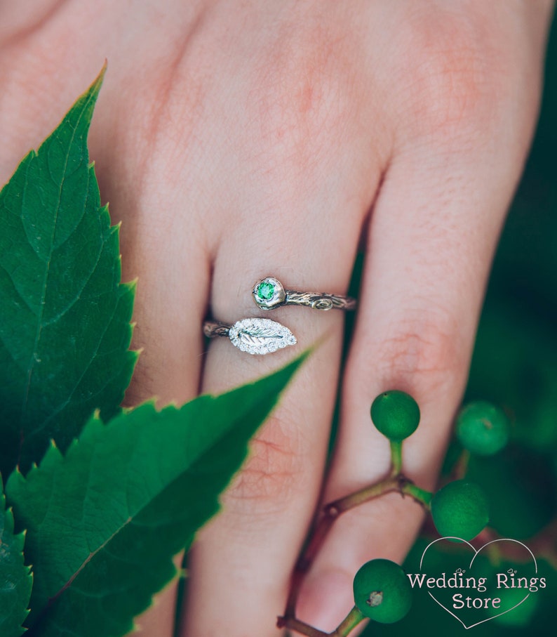 Nature Emerald Wedding Ring With Leaf Silver Bypass Organic Design ...