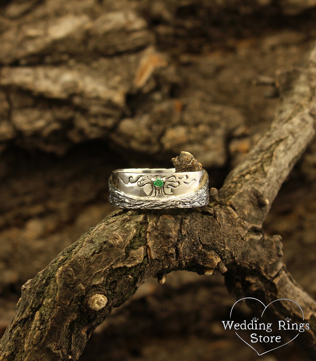 Engraved Tree Emerald Wedding Band Gold Plain and Wood Bark Forest ...