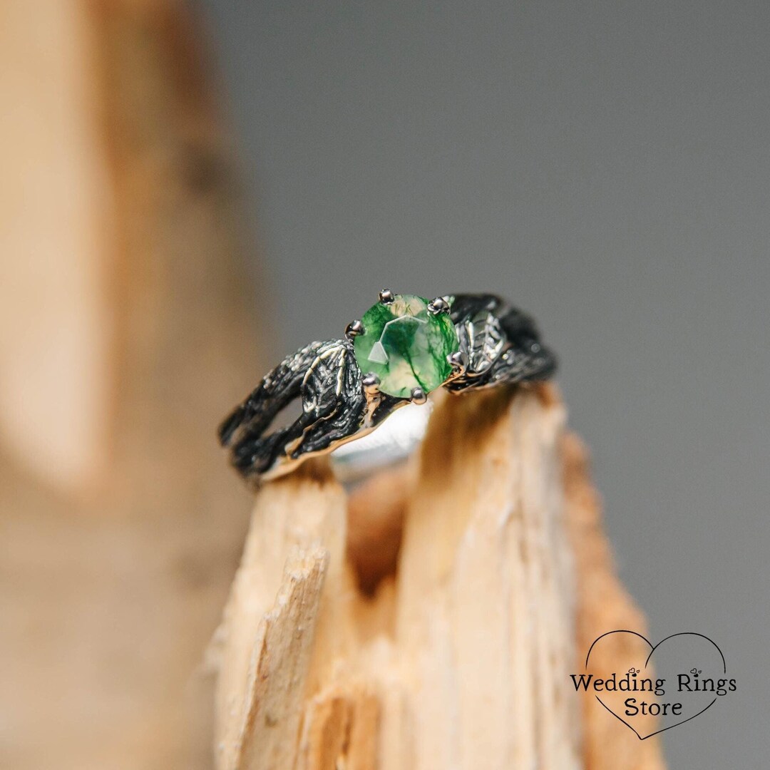 Round Moss Agate Engagement Ring Twig and Leaves Vintage Style Forest ...
