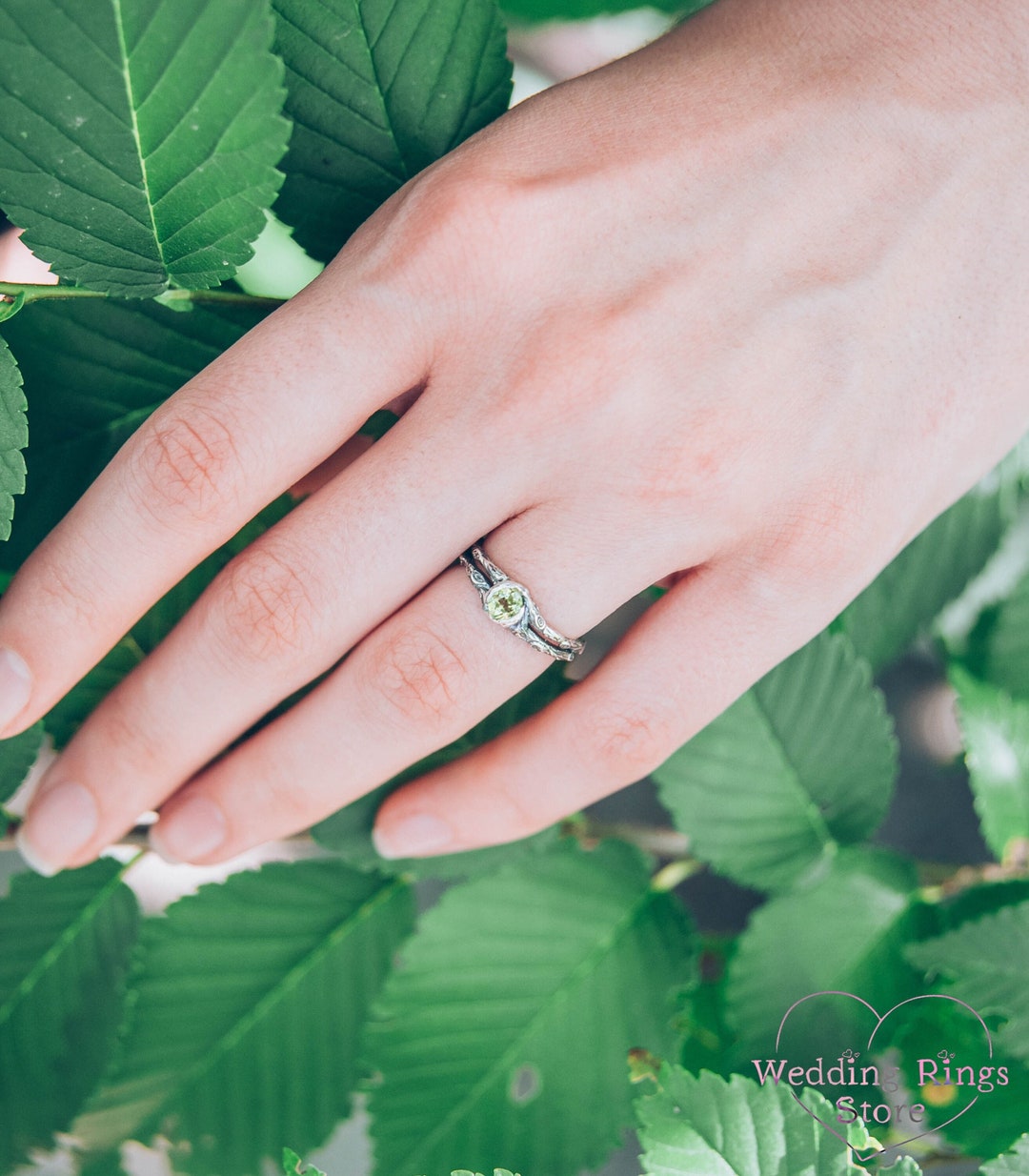 Unusual Peridot Twig Engagement Ring, Dainty Tree Engagement Ring ...