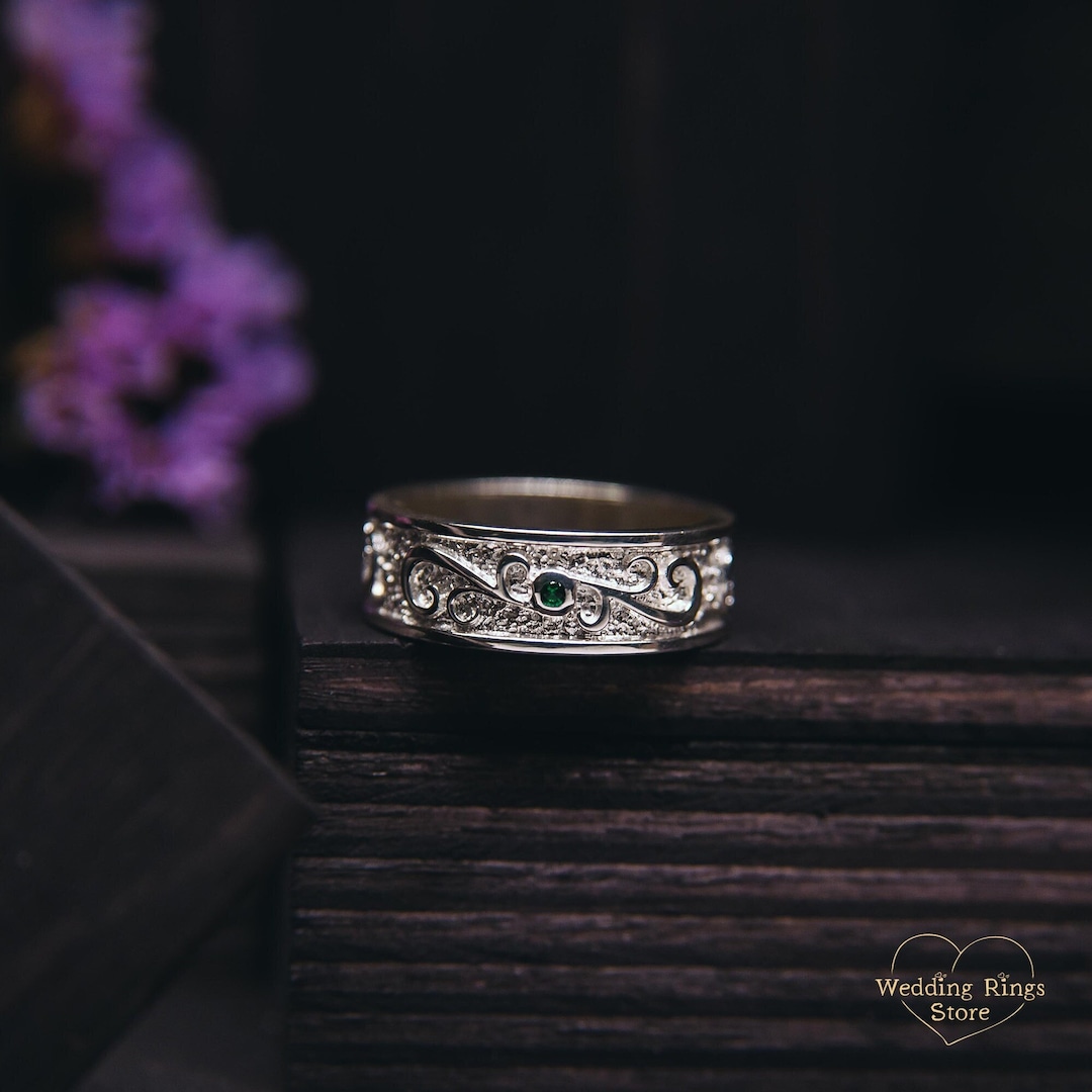 Natural Emerald Scrollwork Ring Vintage Style - Wide Elegant Birthstone ...
