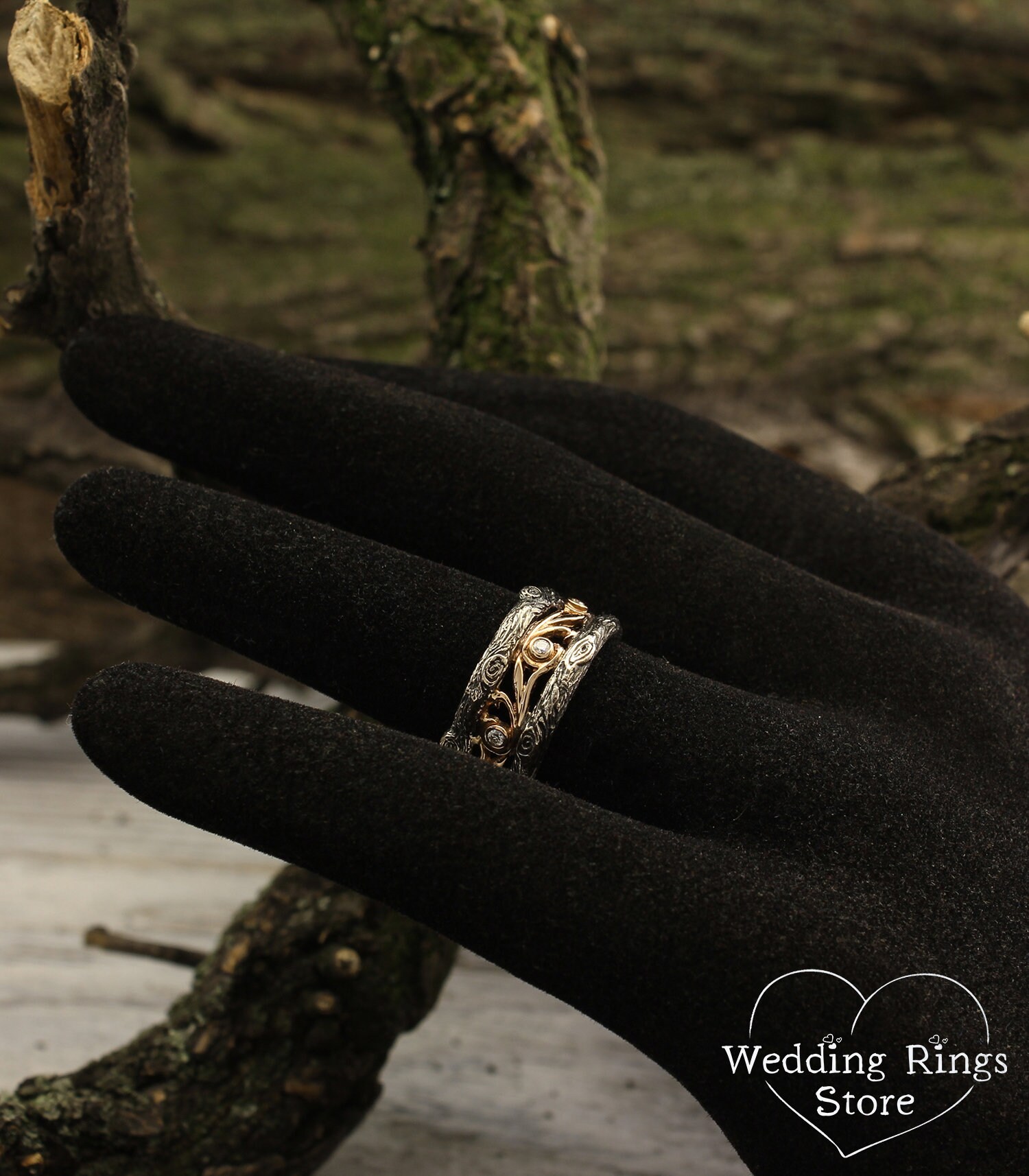 Tree bark and diamonds vintage style wedding band Diamond | Etsy