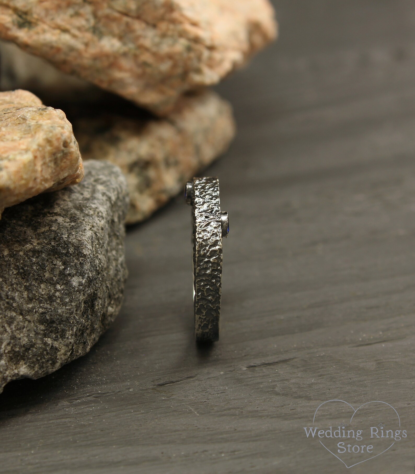 Unique lava ring with sapphire Sterling silver hammered ring | Etsy