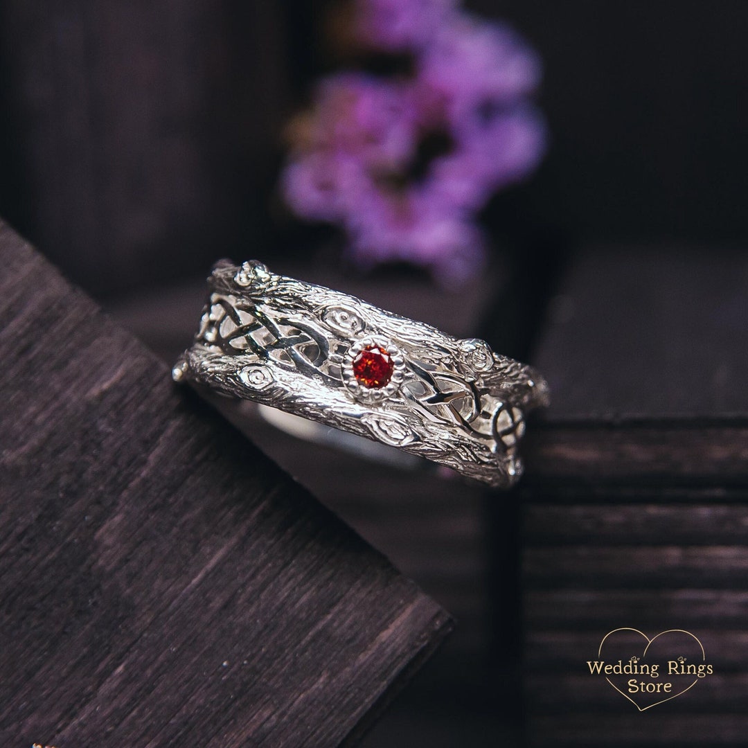 Shiny Celtic Ring With Unique Natural Garnet Nature Inspired Gemstone ...