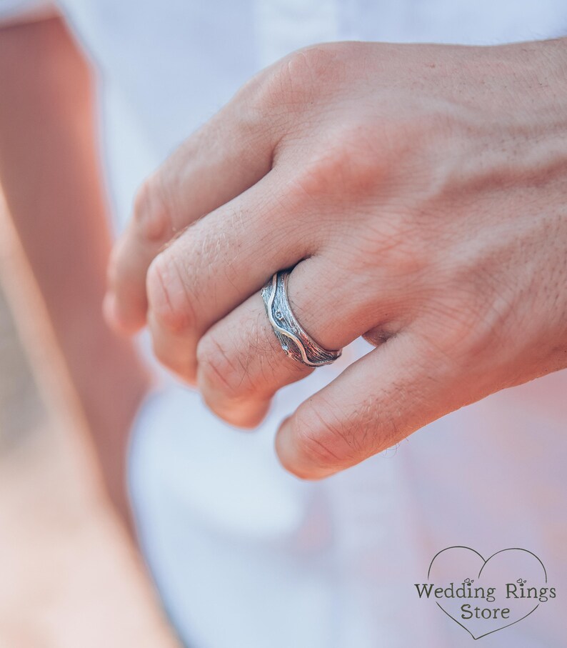 Unusual Wave and Tree Bark Silver Band, Wavy Line on a Tree Band for ...