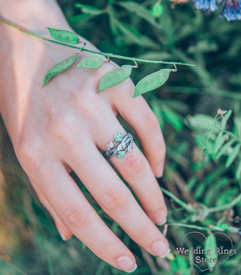 Leaves on the Branch Ring With Emeralds Braided Branches Ring - Etsy