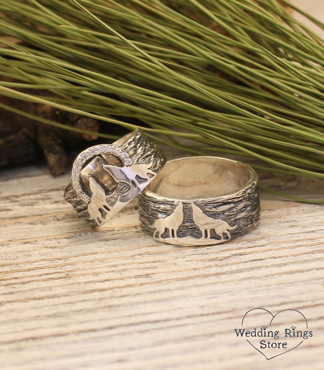 Matching Wolf Wedding Rings for Him and Her, Sterling Silver Animal ...
