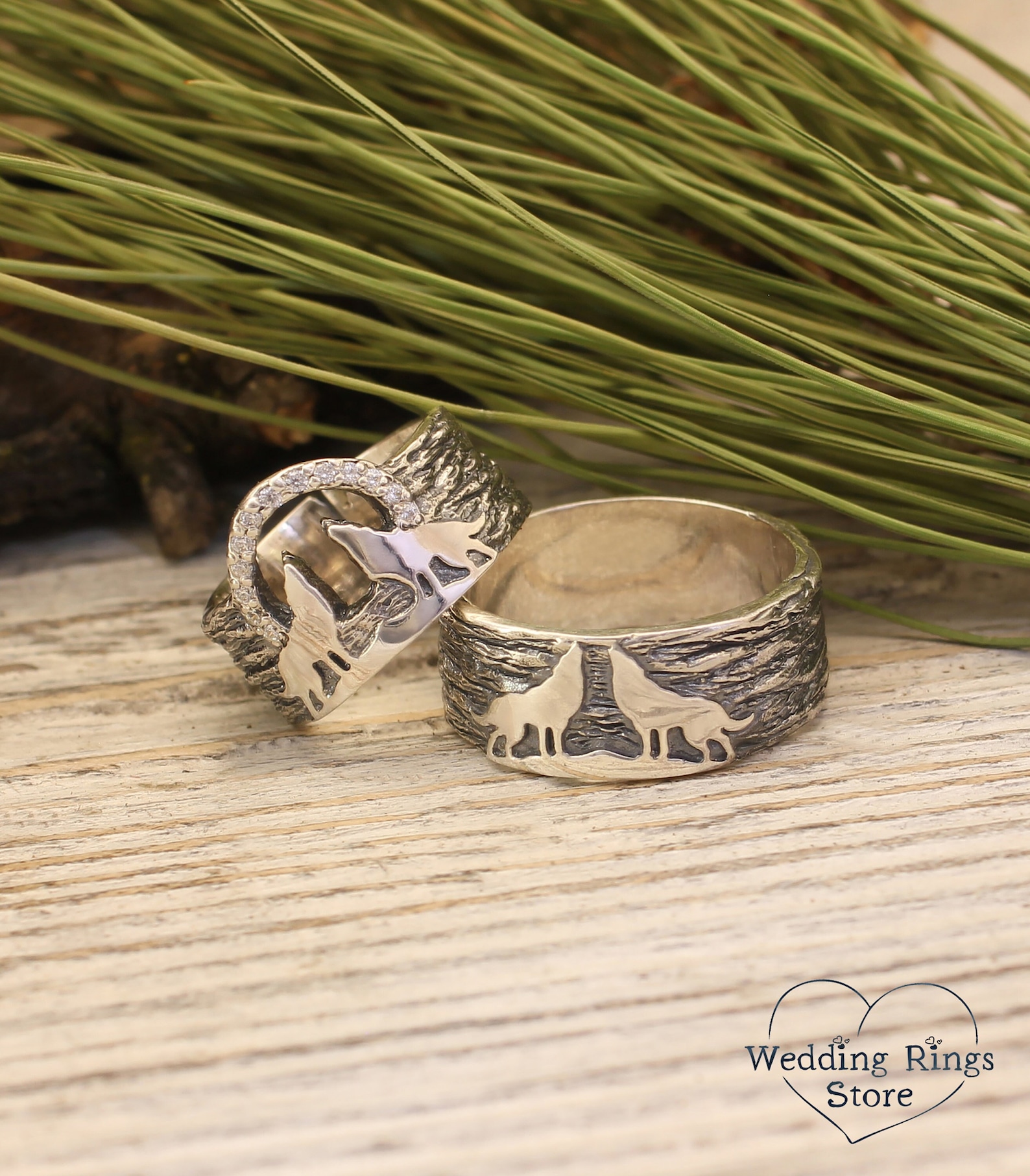 Matching Wolf Wedding Rings for Him and Her, Sterling Silver Animal ...