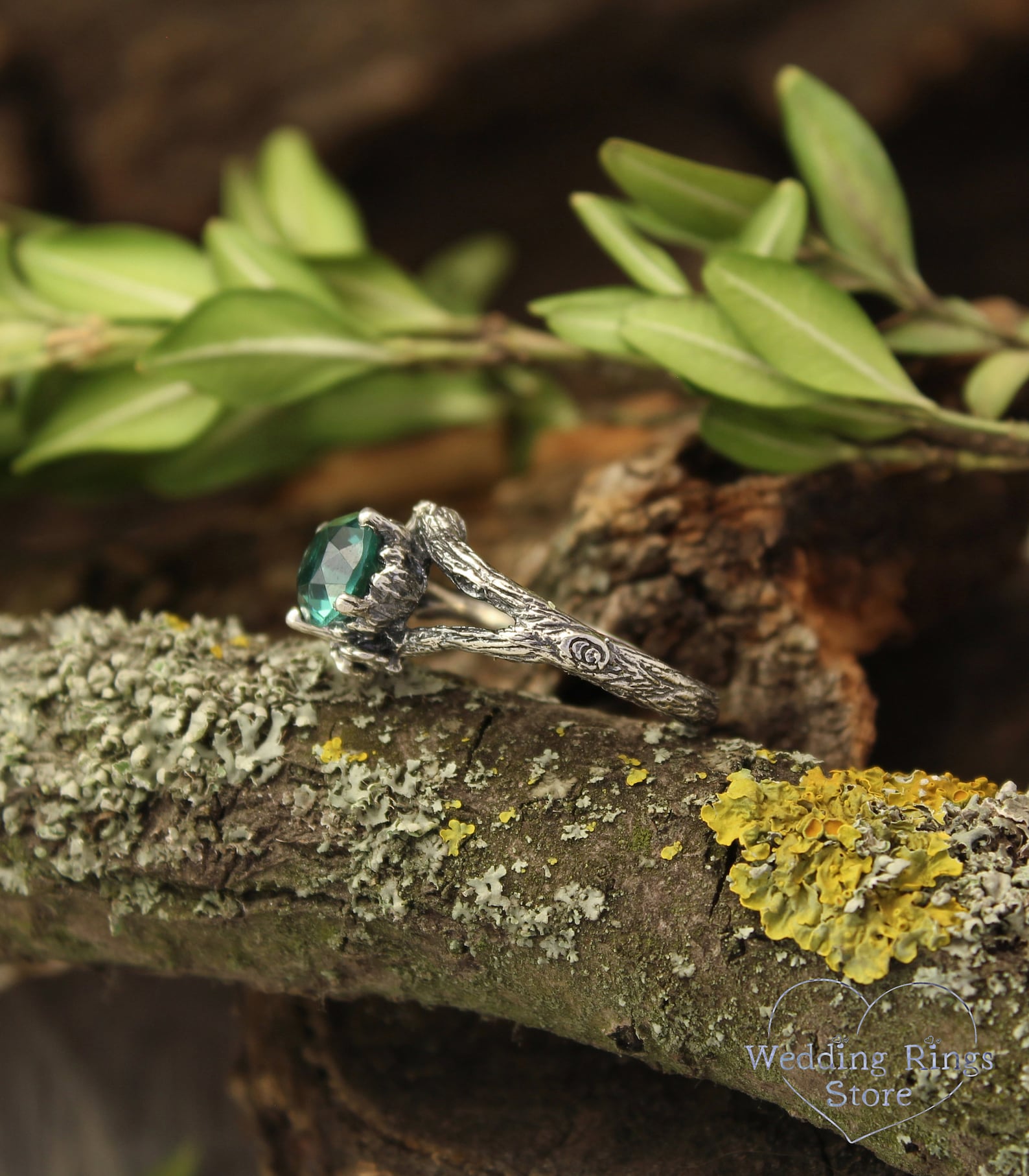 Art Deco Silver Tree Branch and Oak Leaves Ring With Green - Etsy