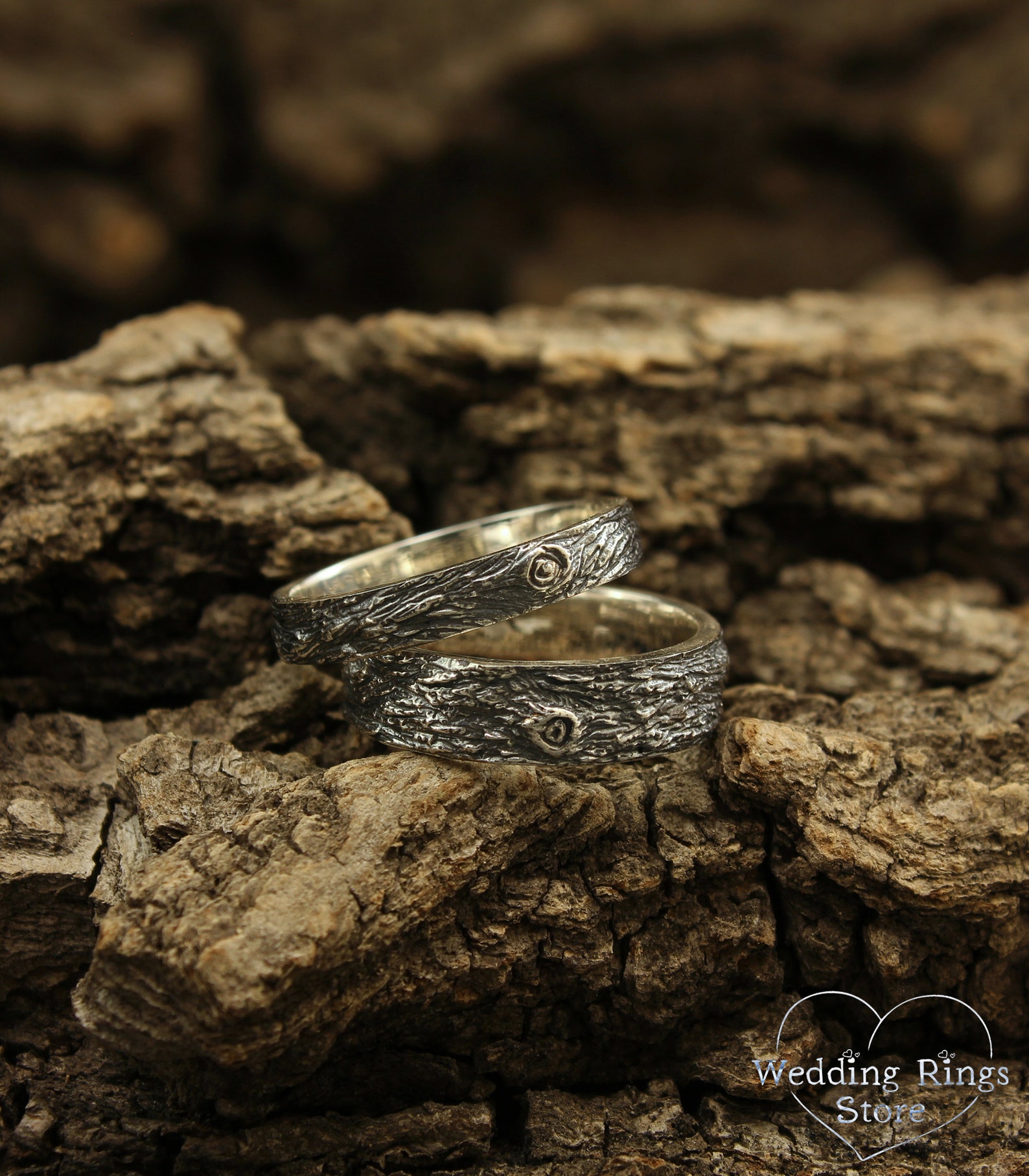 Wood Bark Wedding Bands Tree Bark Silver Rings Matching His | Etsy