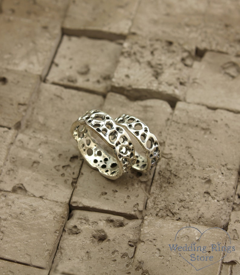 Oceans Silver Wedding Bands, Unusual Wedding Bands Set, His and Her ...
