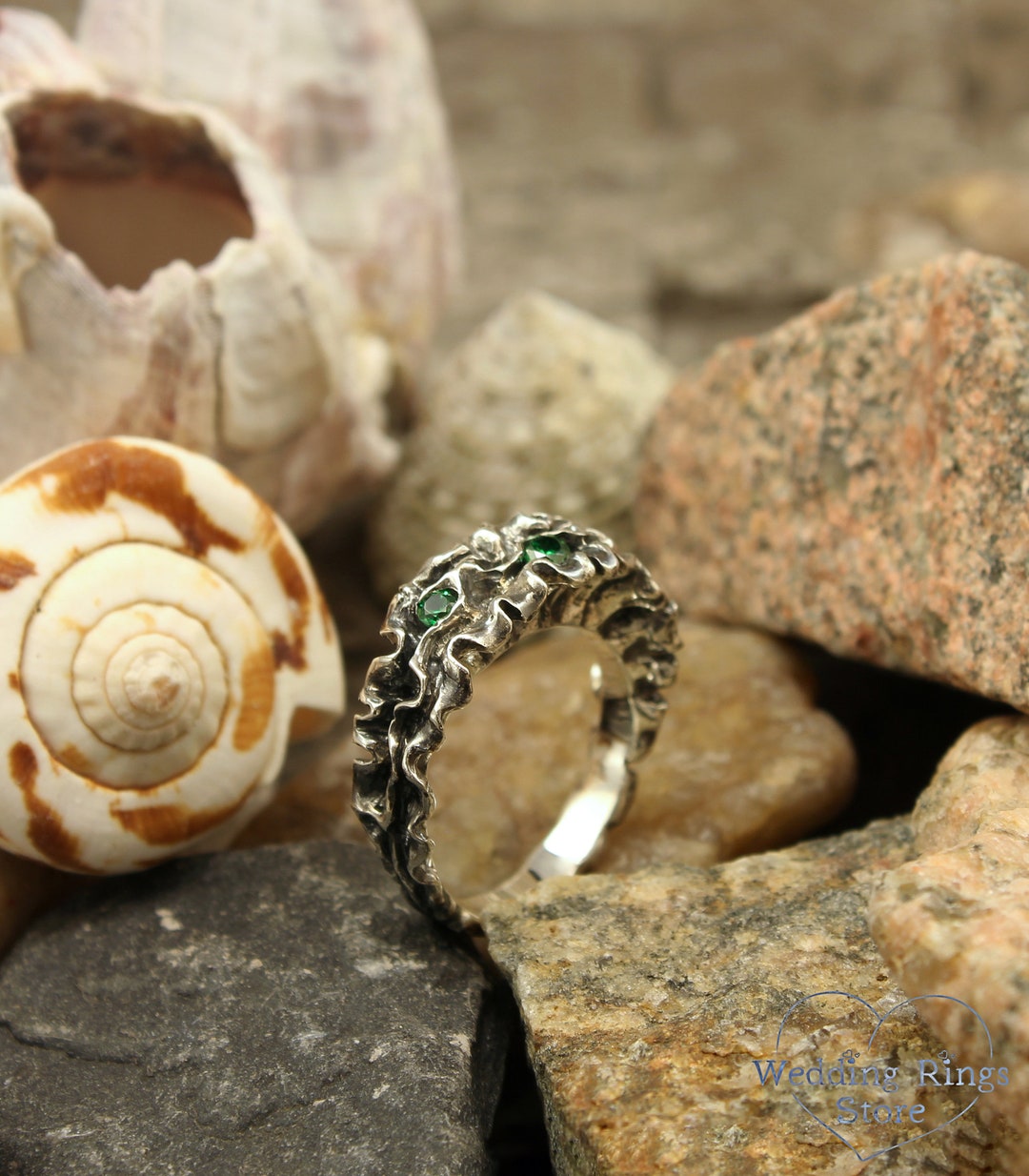 Algae Ring, Sea Ring With Emeralds, Ocean Ring, Sterling Silver Ring ...