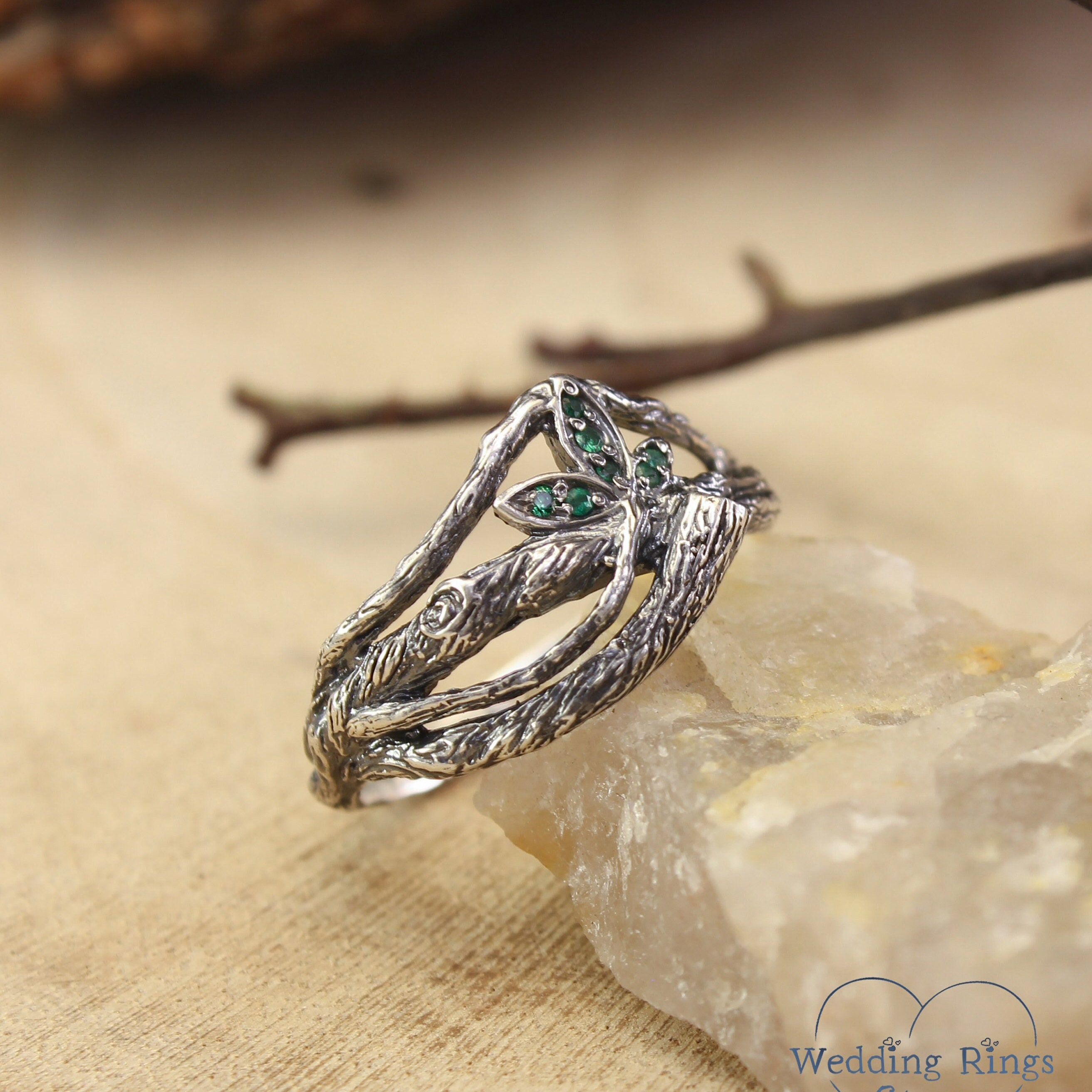 Emerald Leaf and Braided Twig Silver Ring Womens, Elegant Nature ...