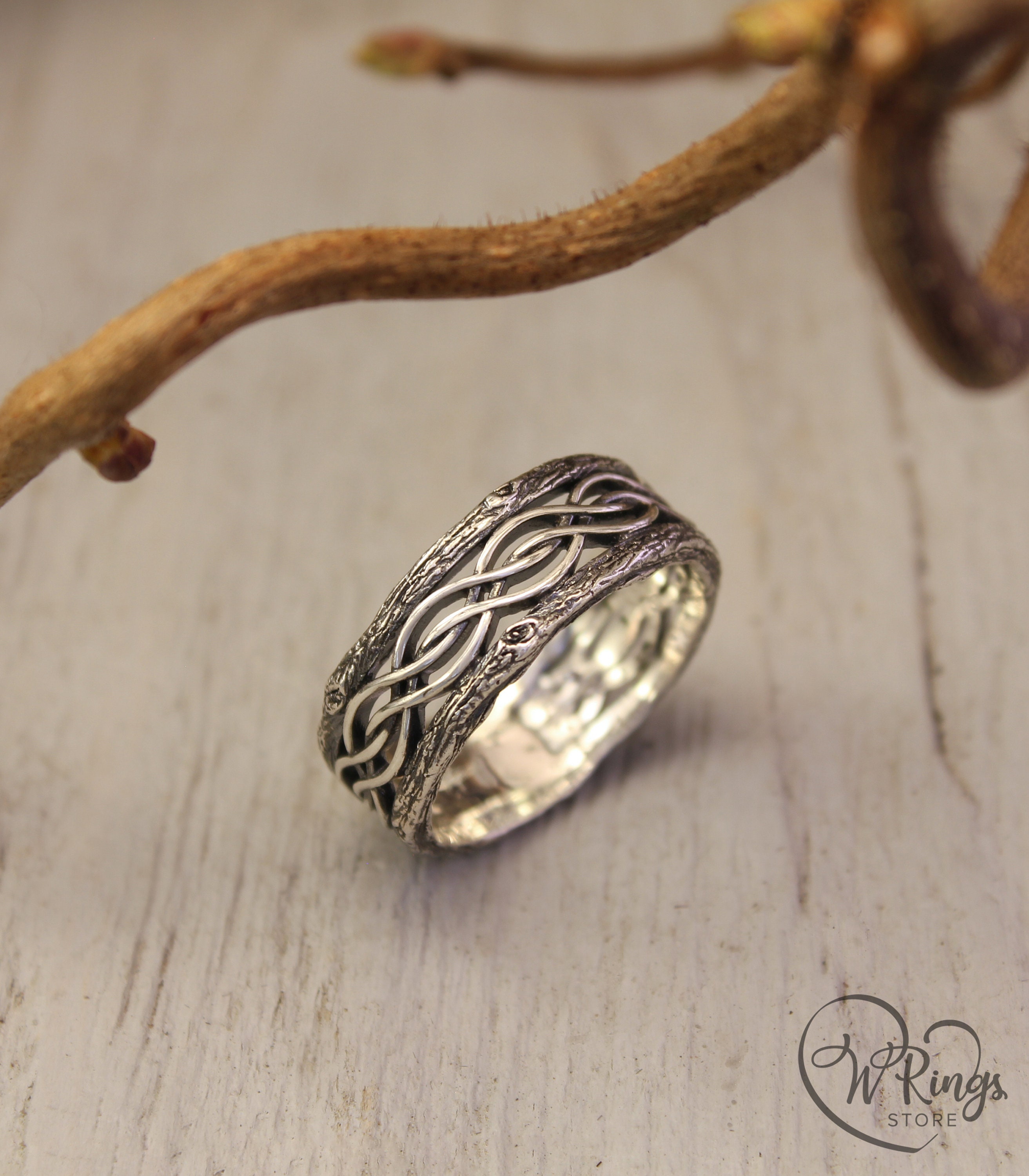 Twisted Pattern Silver Tree Bark Wedding Band Braided Lines | Etsy