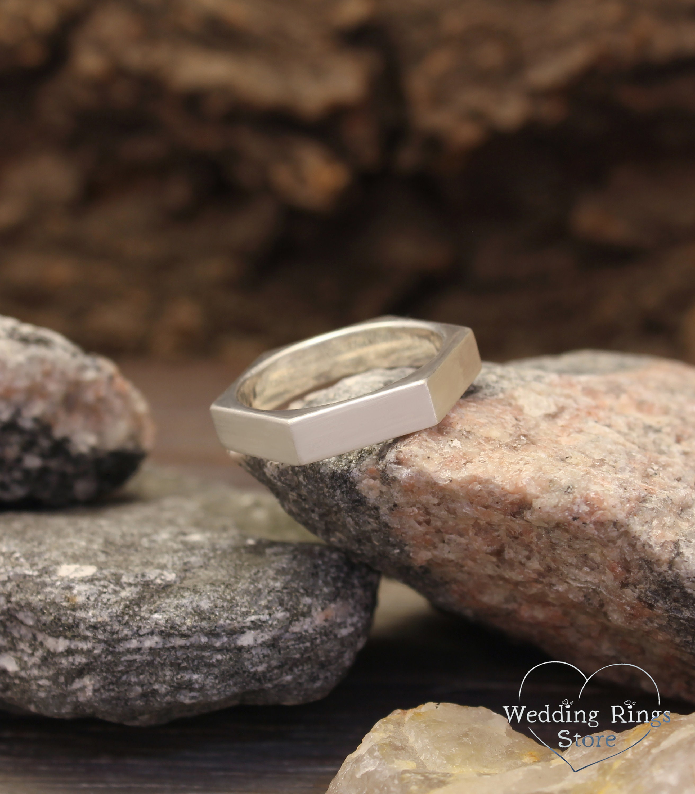 Hexagon Sterling Silver Wedding Ring Men's Hexagon Matte | Etsy