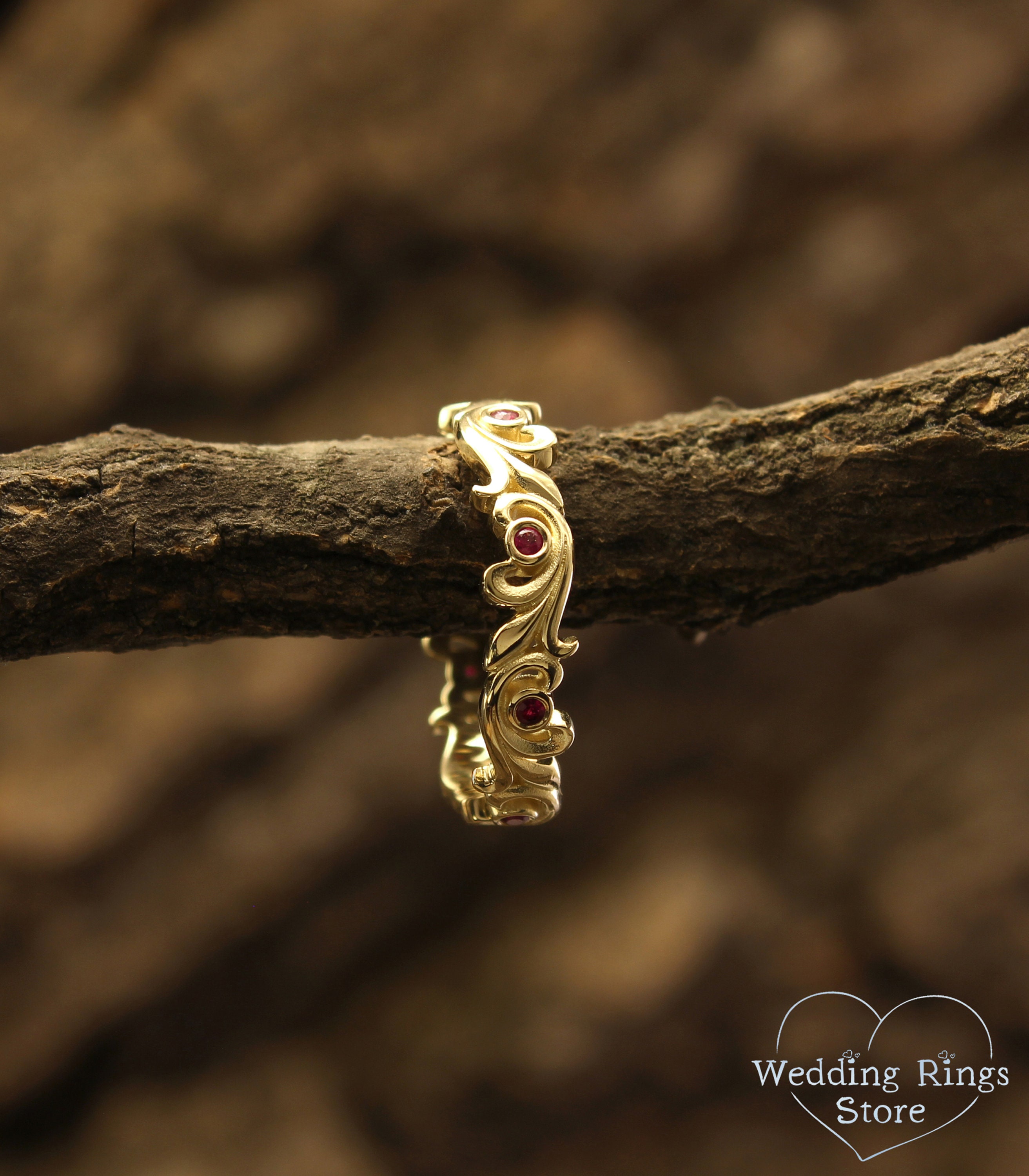 Vintage Style Wedding Band With Ruby, Unusual Woman's Wedding Ring ...