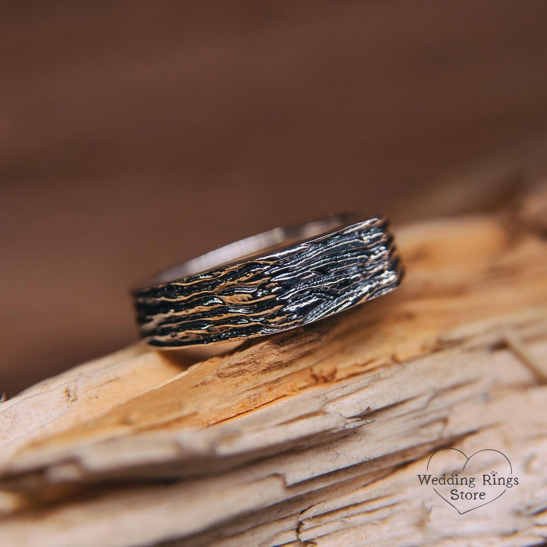 Mens Flat Top Silver Tree Bark Ring Brutalist Unique Chunky Wide Nature ...
