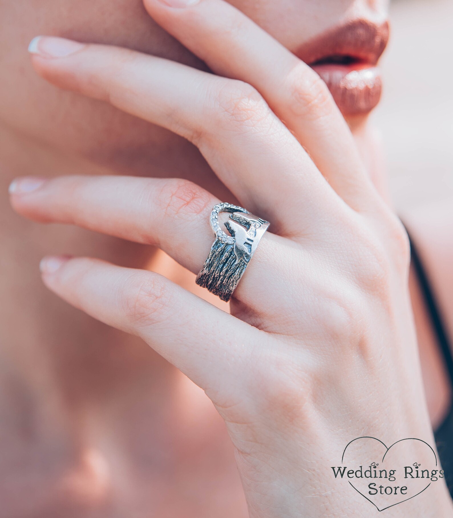 Two Wolves Sterling Silver Band With Cubic Zirconia, Unique Animal ...