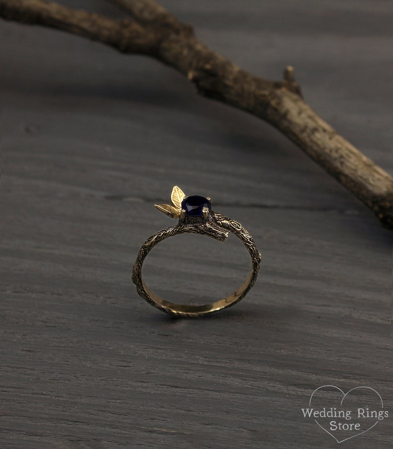 Gold Wrap Twig Natural Blue Sapphire Ring & Two Dainty Leaves Nature ...
