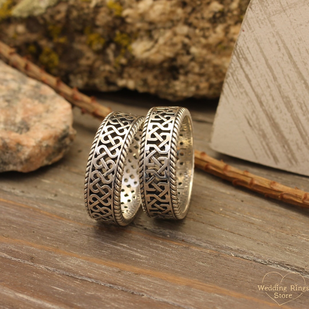 Vintage Style Filigree Unique Matching Wedding Bands Set - Wide Twisted ...