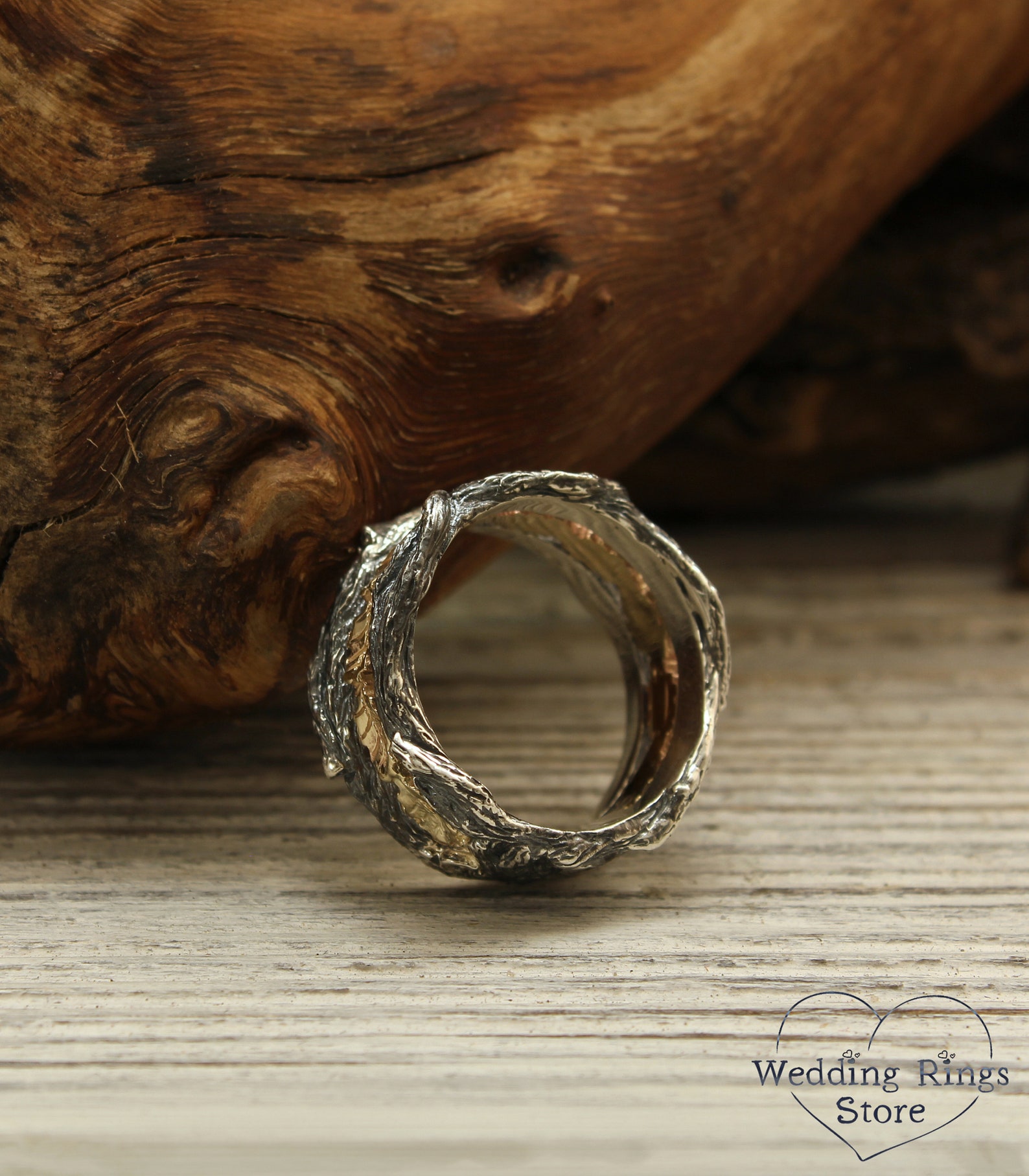 Oak Leaves and Branch Wedding Band, Unique Tree Bark Band, 14k Gold ...
