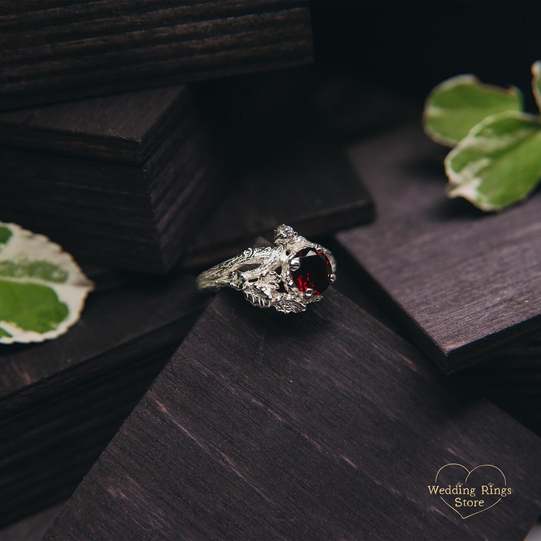 Natural Garnet Cocktail Ring Silver With Oak Leaves for Women, Unique ...