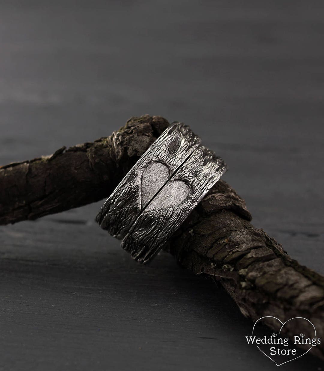 Family Heart Tree Bark Wedding Bands Set, Half Heart Wedding Bands, His ...
