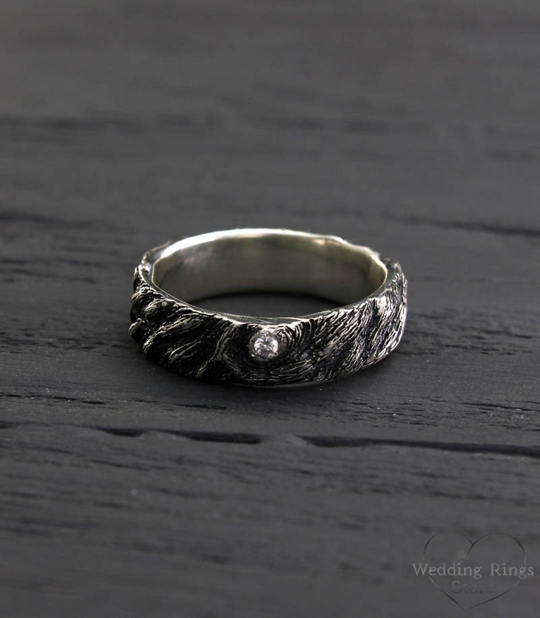 Diamond Tree Ring, Mens Tree Bark Silver Wedding Band, Rustic Ring ...
