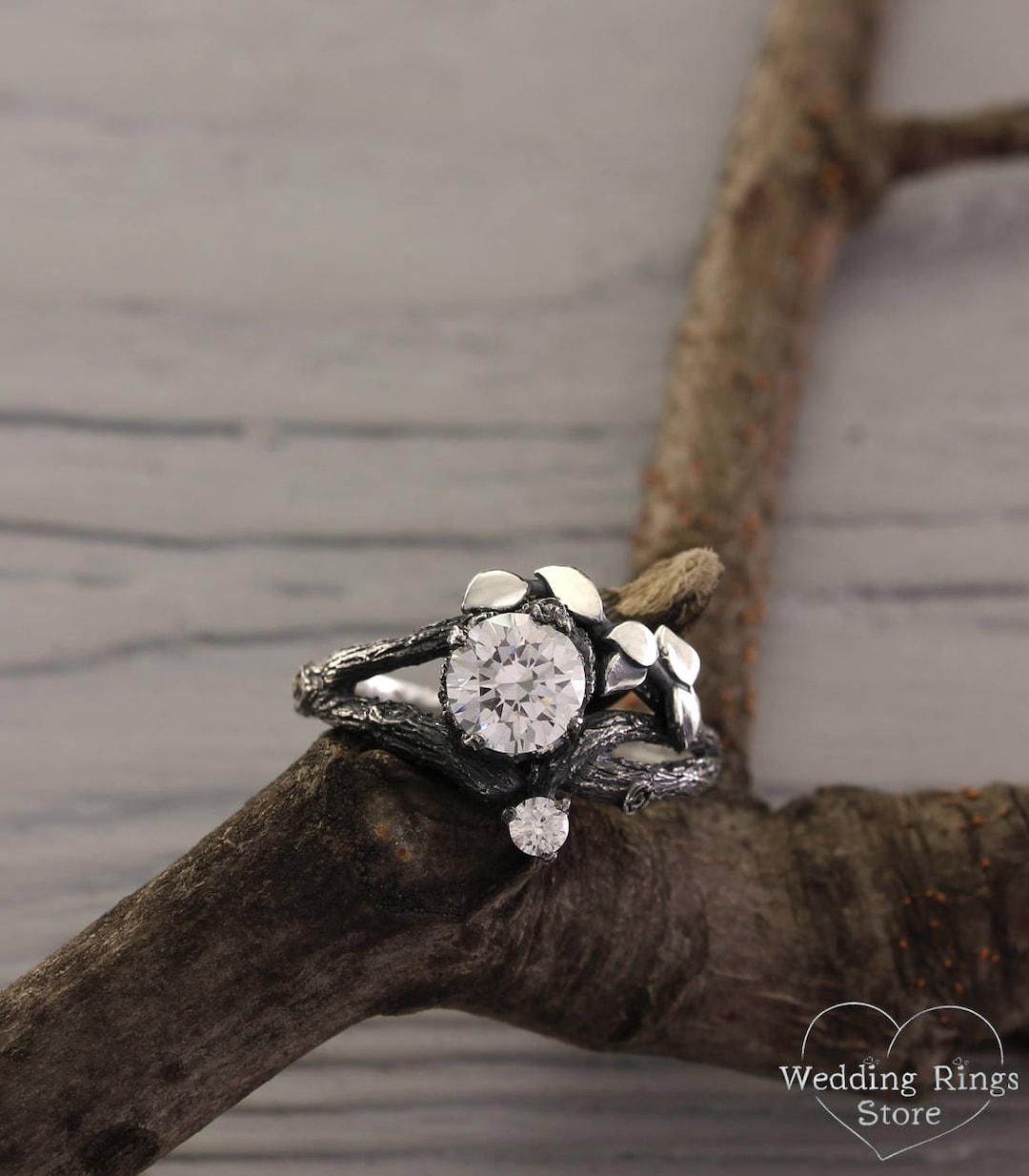 Branch Silver Engagement Ring With Leaves, Sprig Ring, CZ Engagement ...