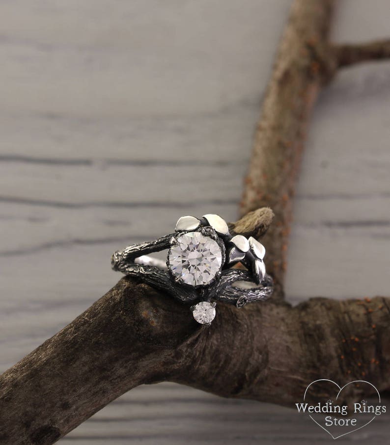 Branch Silver Engagement Ring With Leaves Sprig Ring CZ - Etsy
