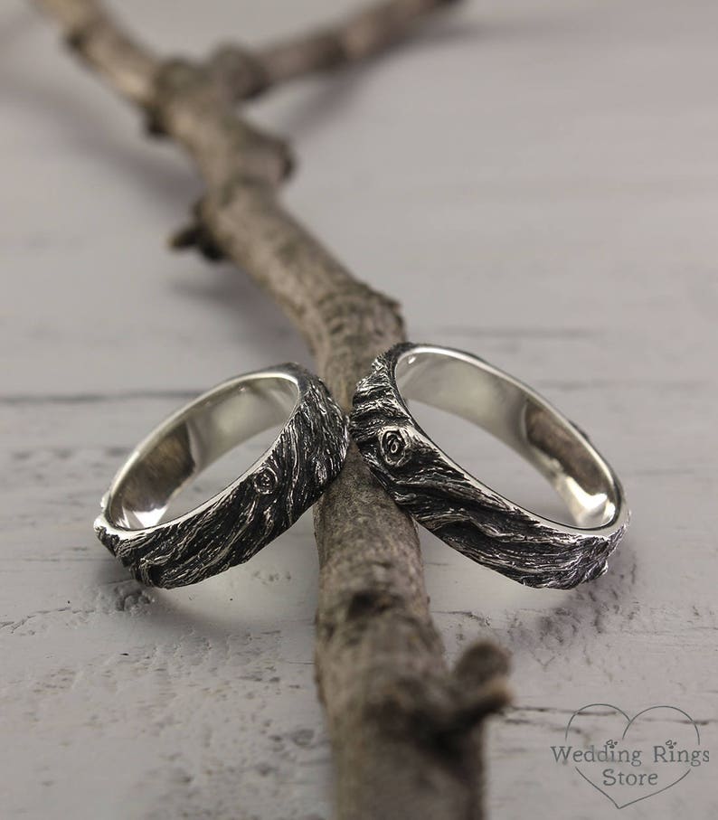 Unusual Tree Bark Wedding Bands Set His and Her Tree Bark | Etsy