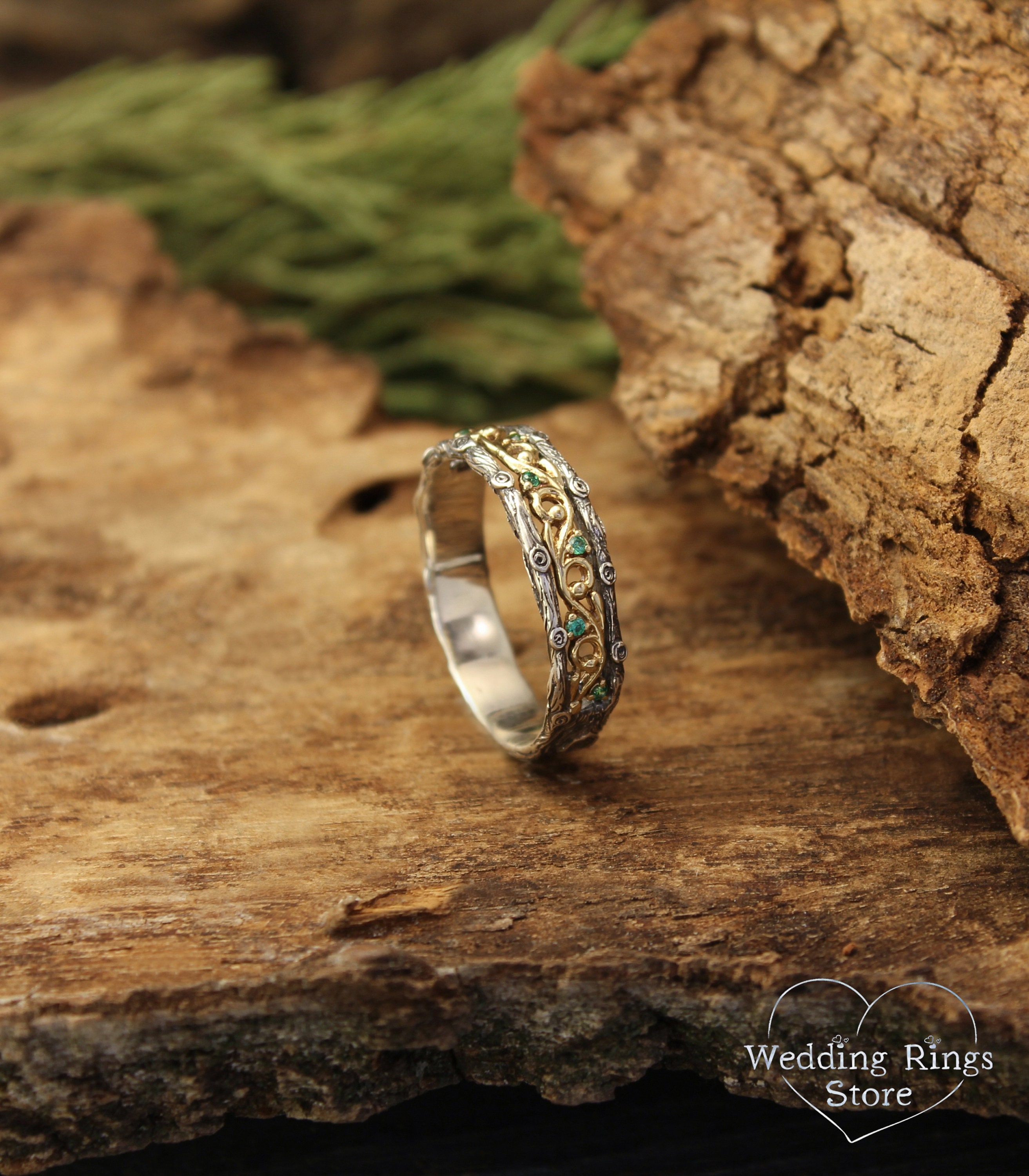 Branch Silver & Gold Vine Ring With Natural Emerald Stones | Etsy