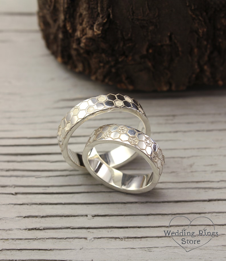Honeycomb Silver Wedding Band Set Hexagons as Beehive Pattern - Etsy