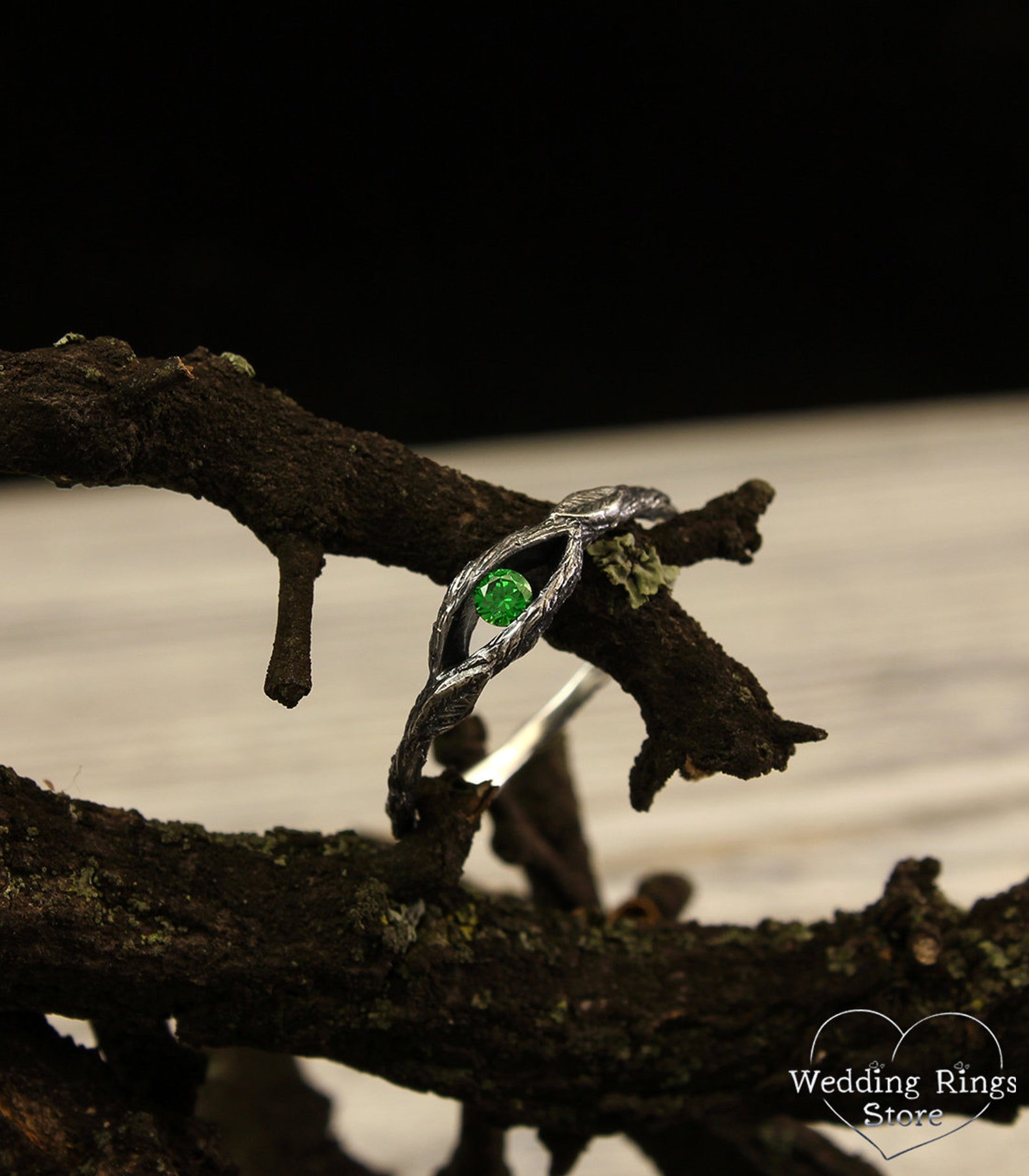 Tiny Branch Engagement Ring With Emerald, Small Twig and Leaves Ring ...