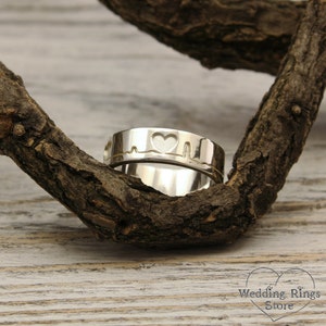 Heartbeat Wedding Ring Men - Sterling Silver Heart Ring Band - Pulse ...