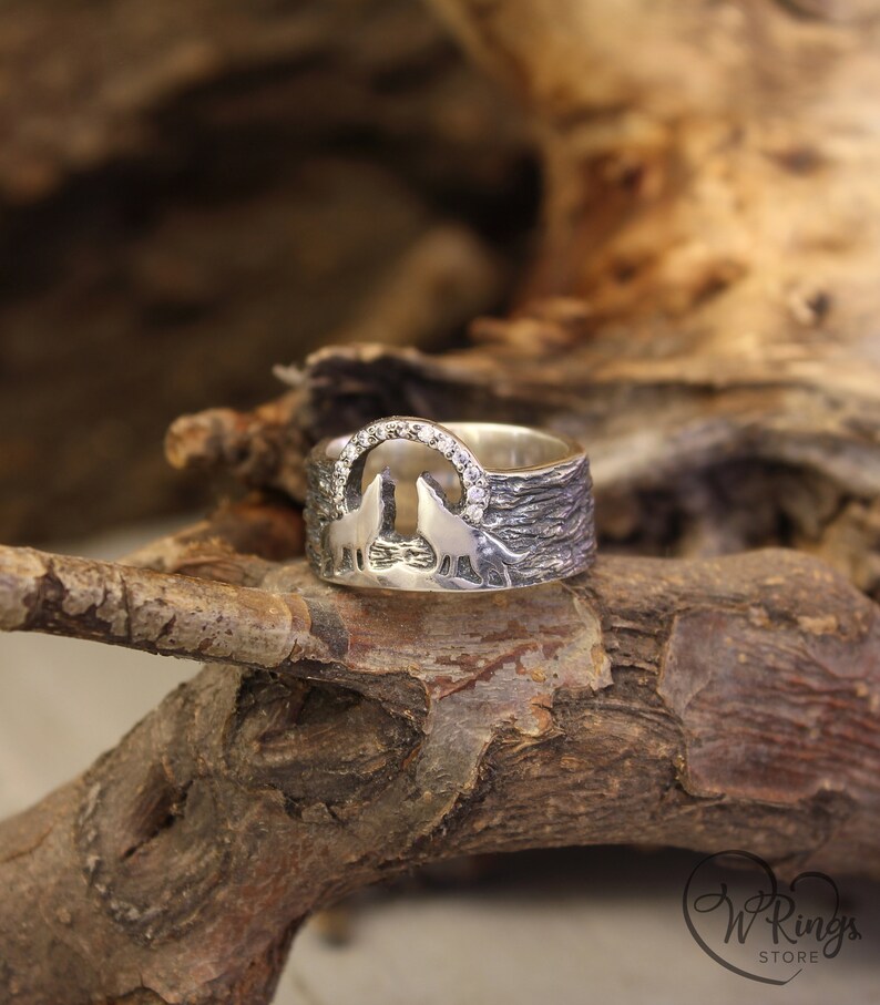 Two Wolves Sterling Silver Band With Cubic Zirconia Unique - Etsy