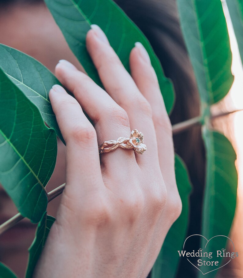 Flower & Leaf on a Twig Gold Ring With Emerald, Unique Branch and ...