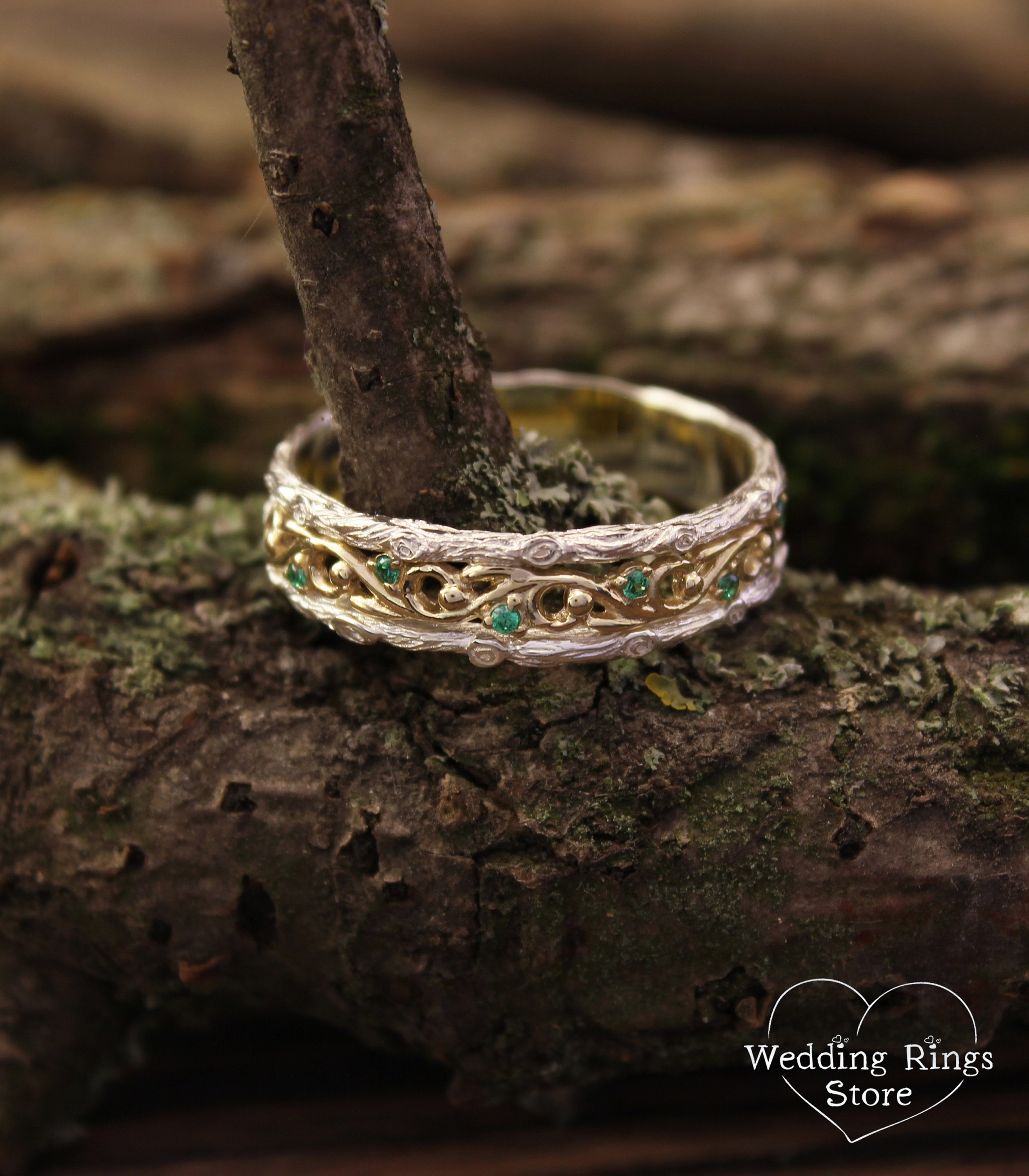 Branch Silver & Gold Vine Ring With Natural Emerald Stones | Etsy