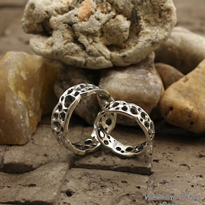 Oceans Silver Wedding Bands, Unusual Wedding Bands Set, His and Her ...
