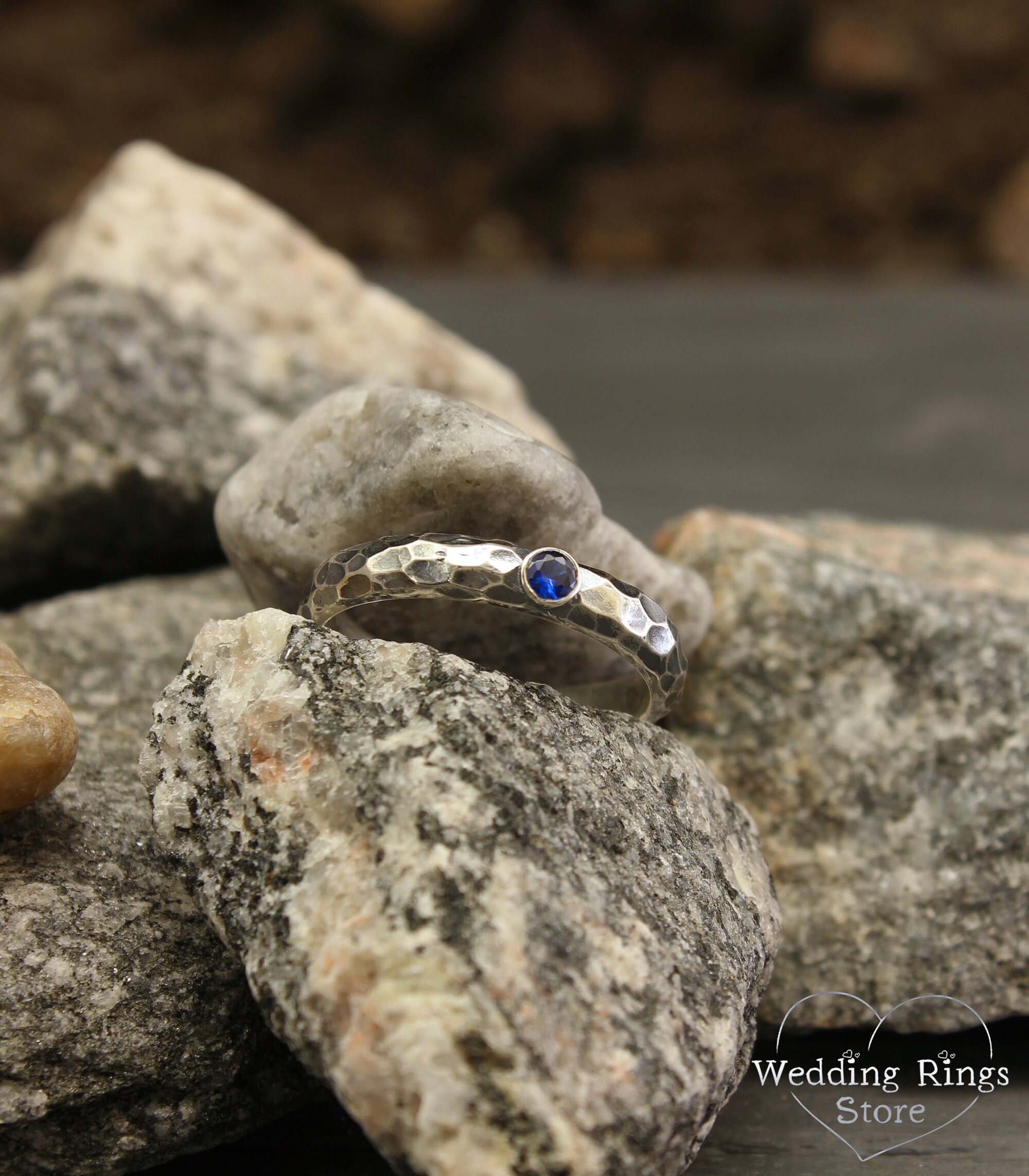 Durable hammered engagement ring with sapphire in oxidized | Etsy