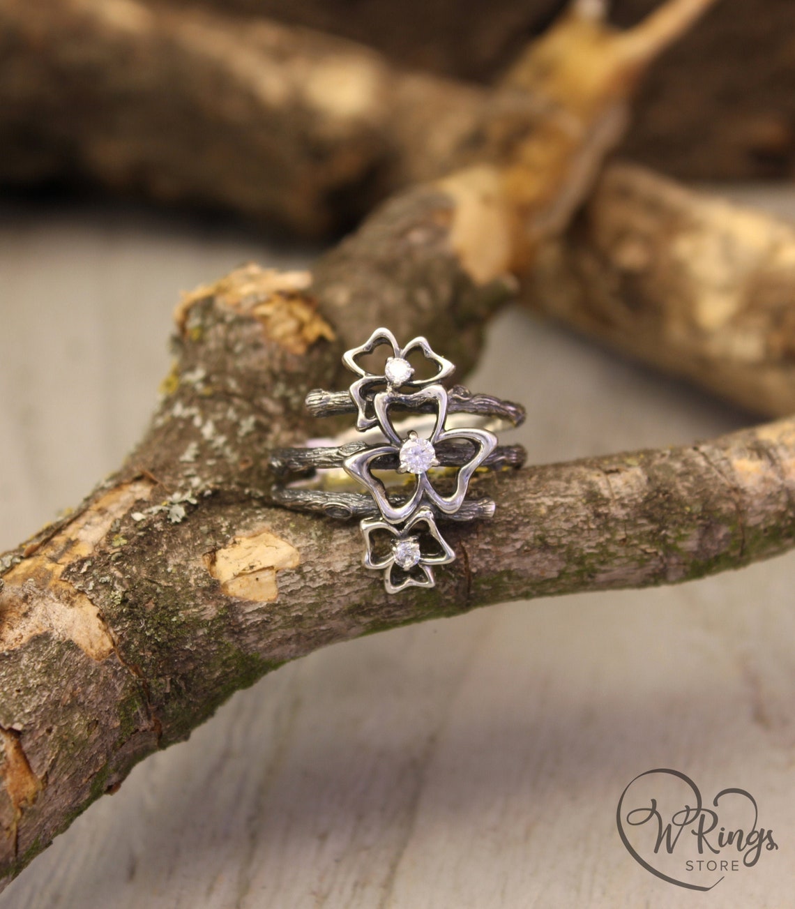 Trefoil on a Branch Silver Ring With Cubic Zirconia Triple - Etsy