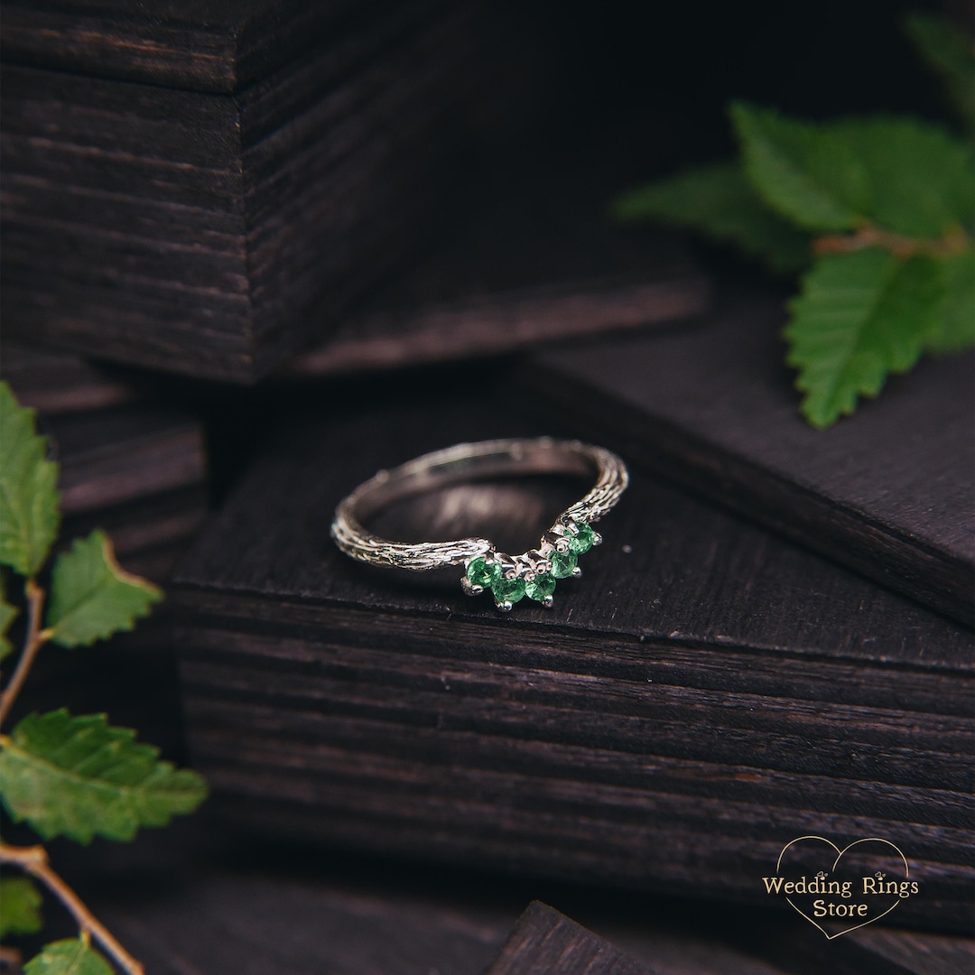 Stacking Tiara Thin Ring - Curved Emerald Ring Chevron Smiles - Silver ...