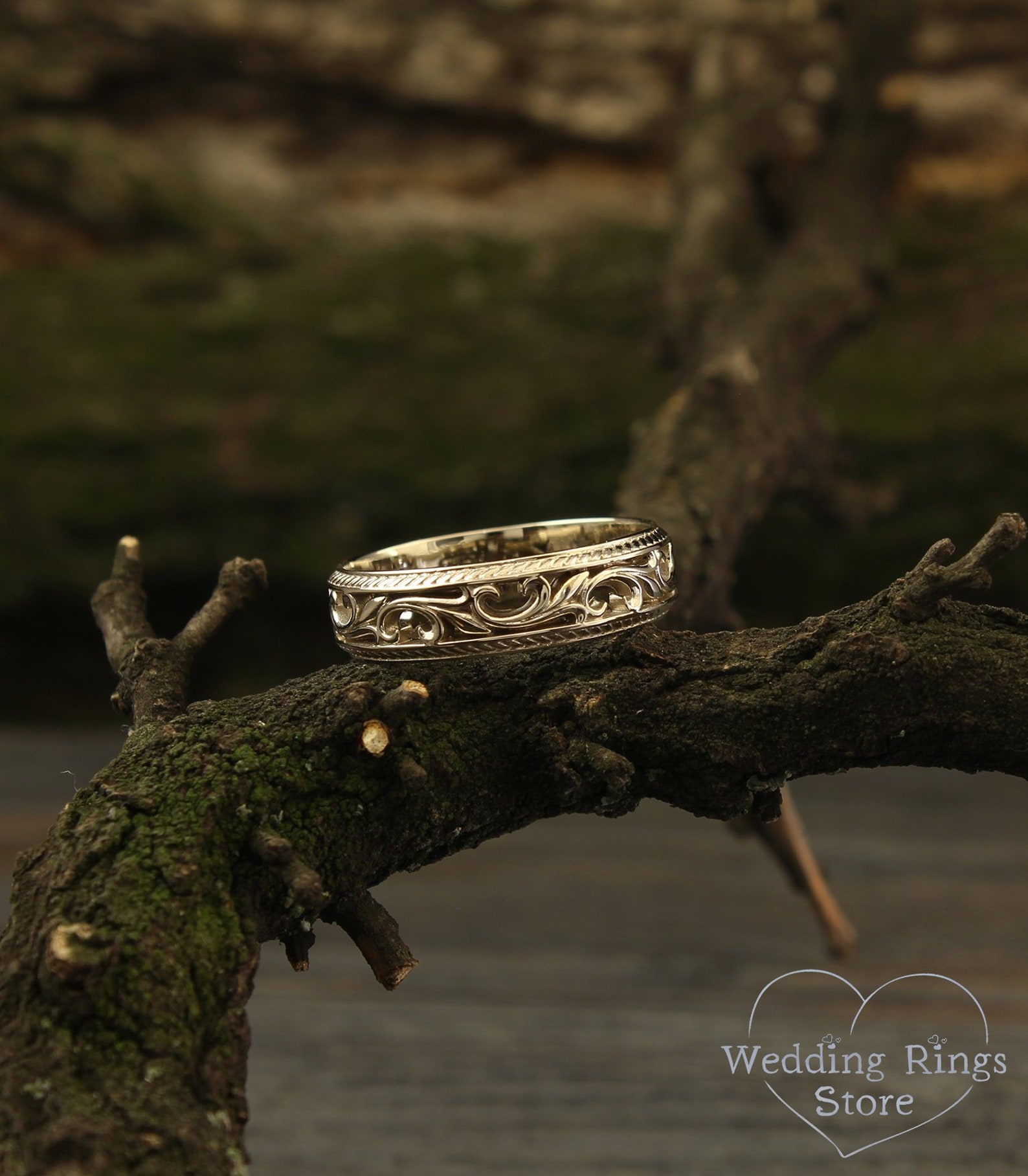 White Gold Filigree Wedding Band, Leaves Wedding Ring, Vintage Style ...