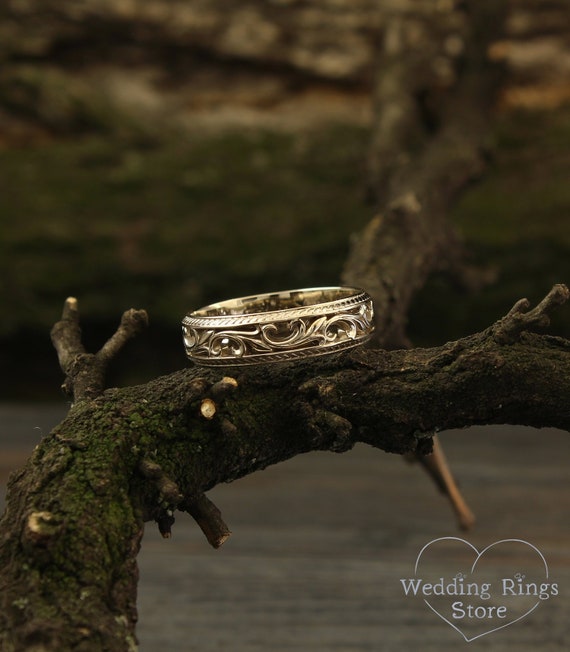 White Gold Filigree Wedding Band Leaves Wedding Ring Vintage Style Engagement Ring Nature Wedding Band Anniversary Ring 14K Solid Gold Etsy