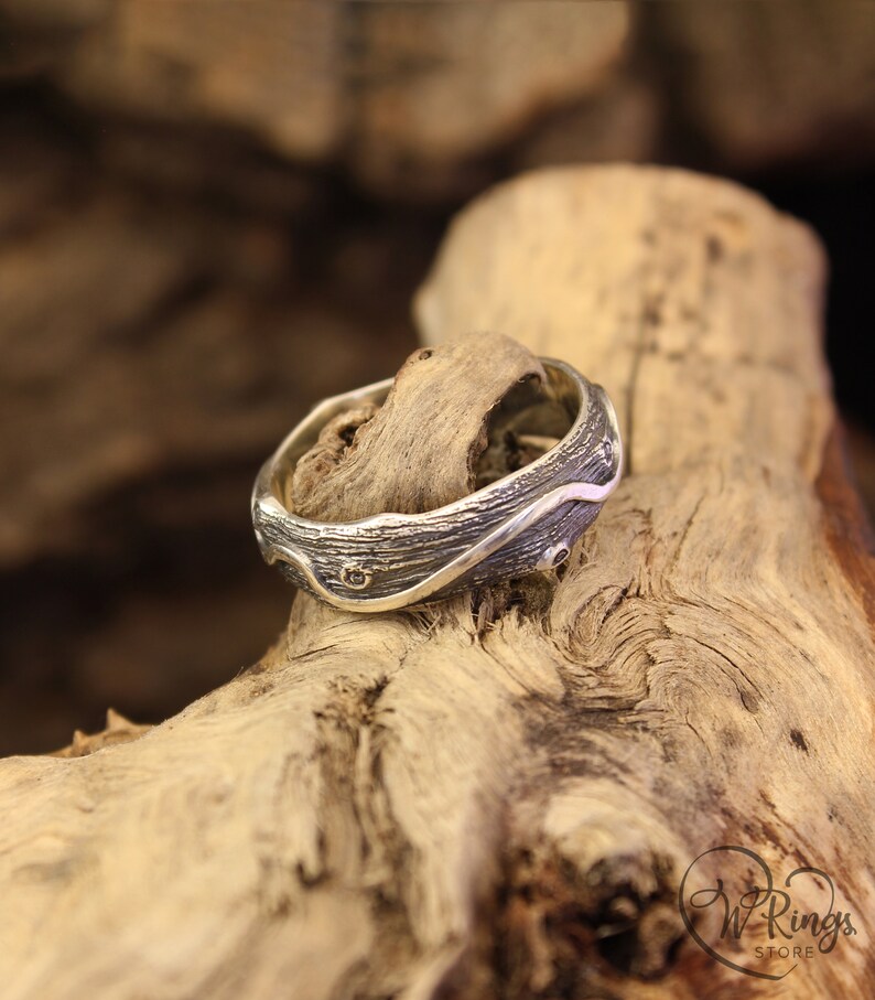 Unusual Wave and Tree Bark Silver Band, Wavy Line on a Tree Band for ...