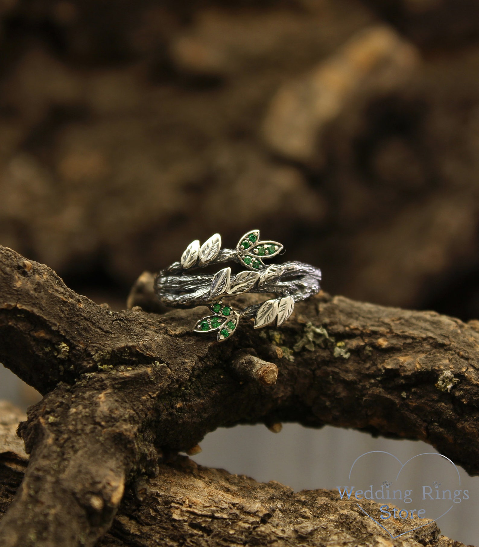 Leaves on the Branch Ring With Emeralds Braided Branches Ring - Etsy