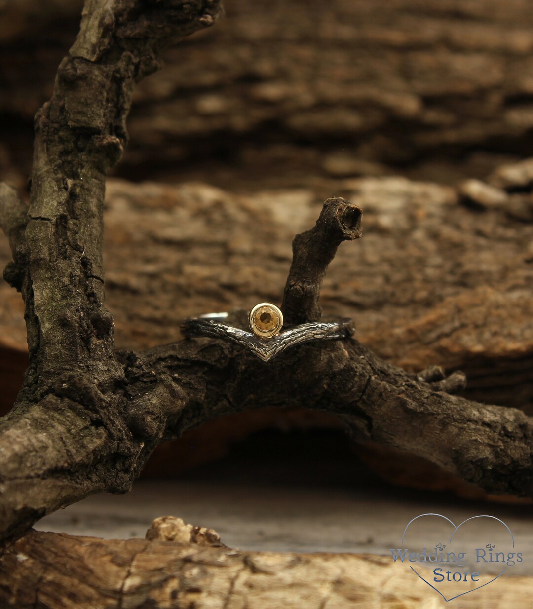 Unusual Chevron Engagement Ring With Citrine, Delicate Tree Bark V-ring ...