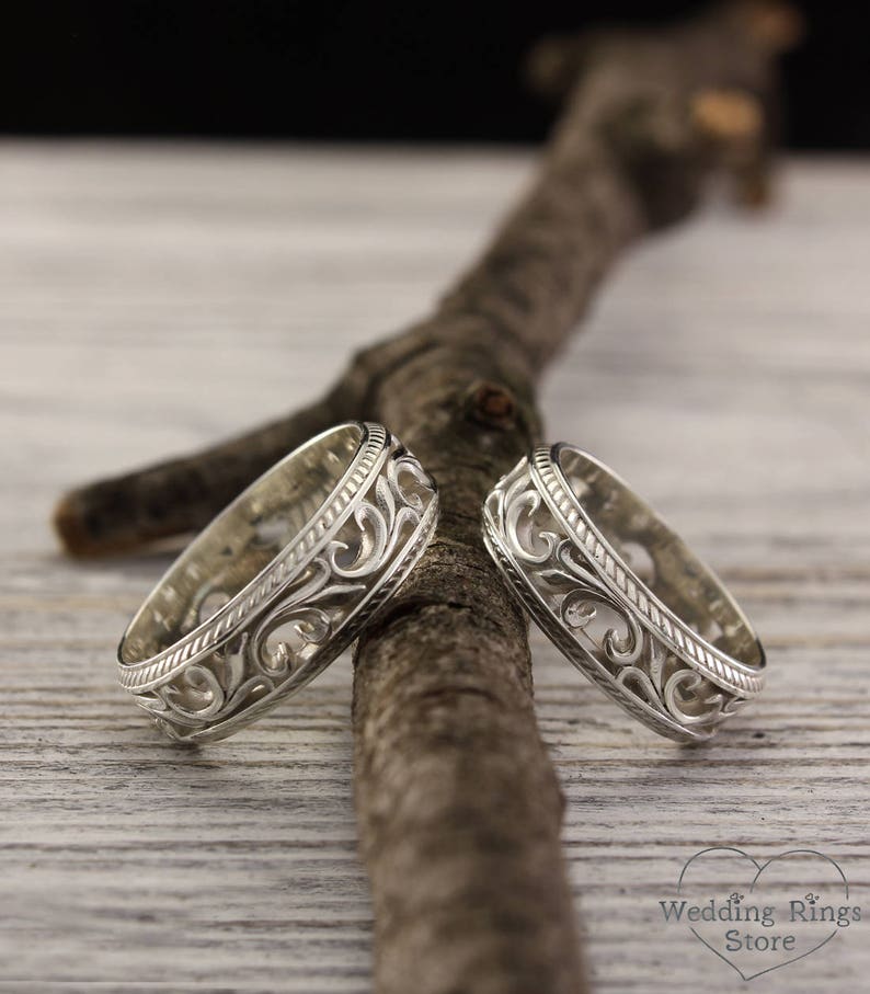 Vintage Style Silver Wedding Bands Nature Wedding Rings - Etsy