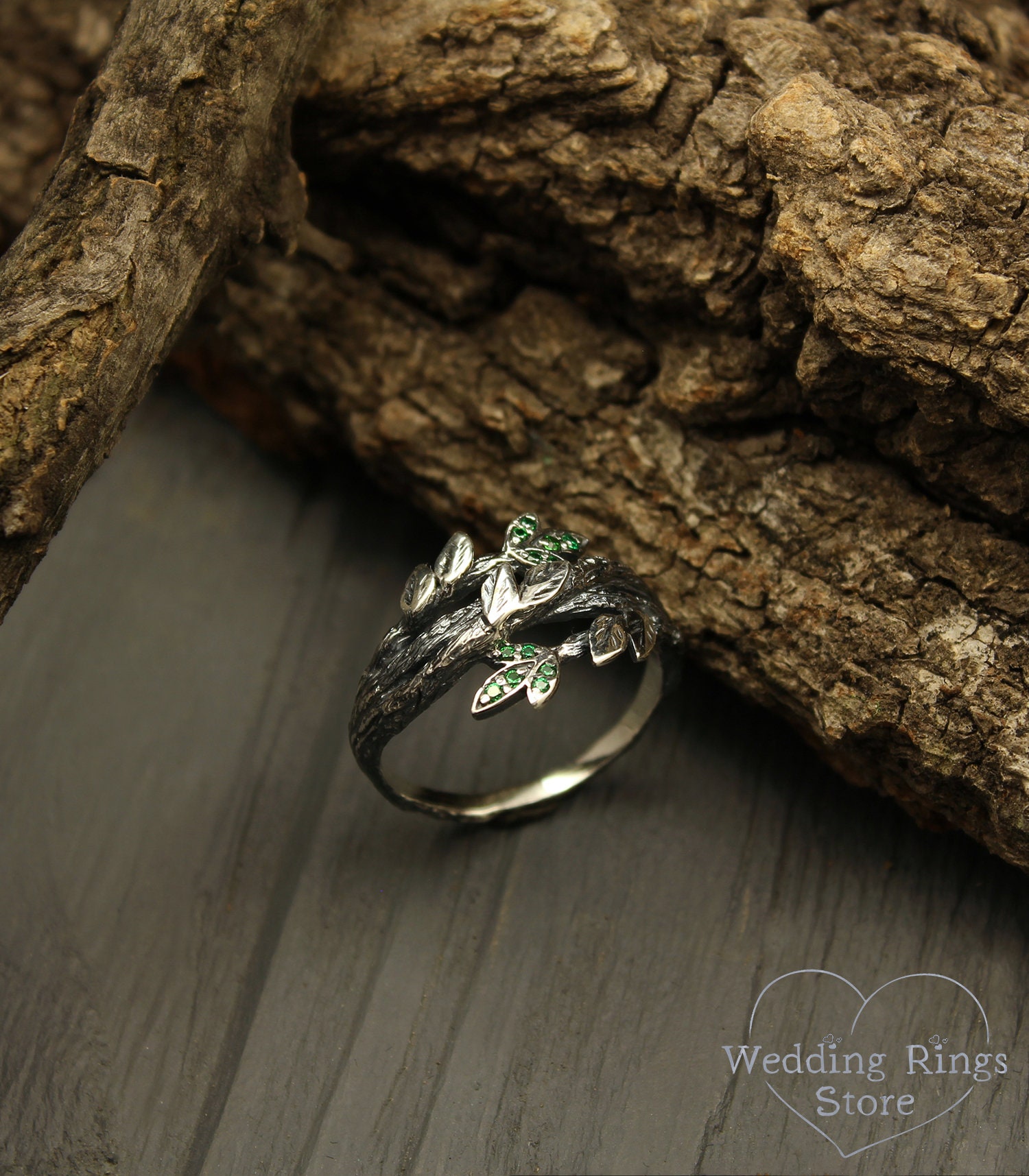 Leaves on the Branch Ring With Emeralds Braided Branches Ring - Etsy